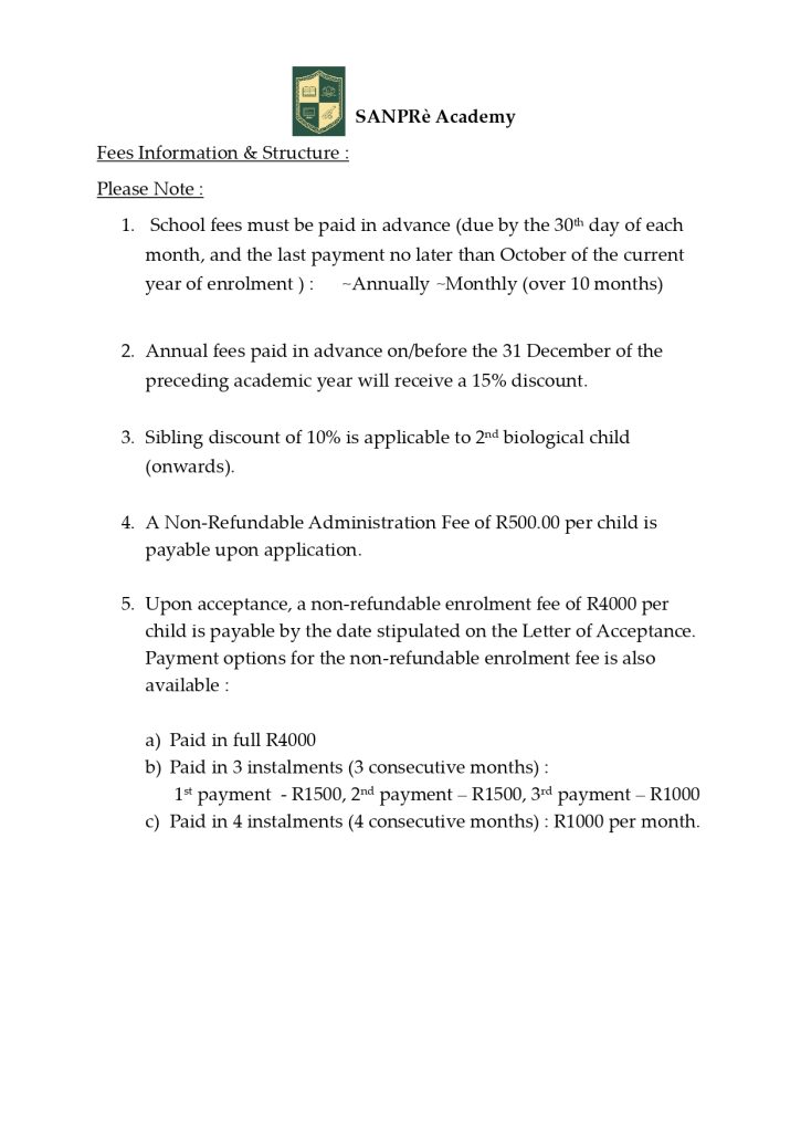 School Fee Structure – Sanprè Academy